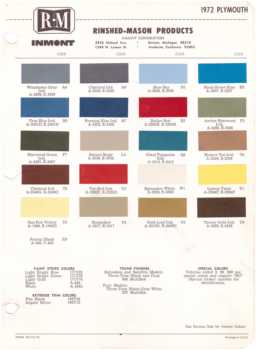 1970's Plymouth Paint Colors – 66 Auto Color