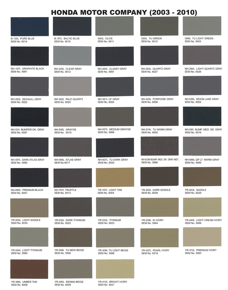 Honda Car Paint Color Chart